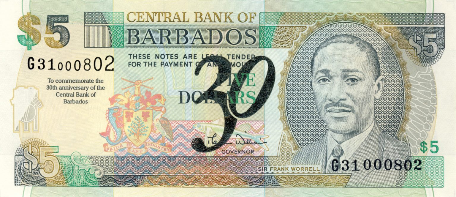 Barbados 30th anniversary 5-dollar commemorative note (BNP201a ...