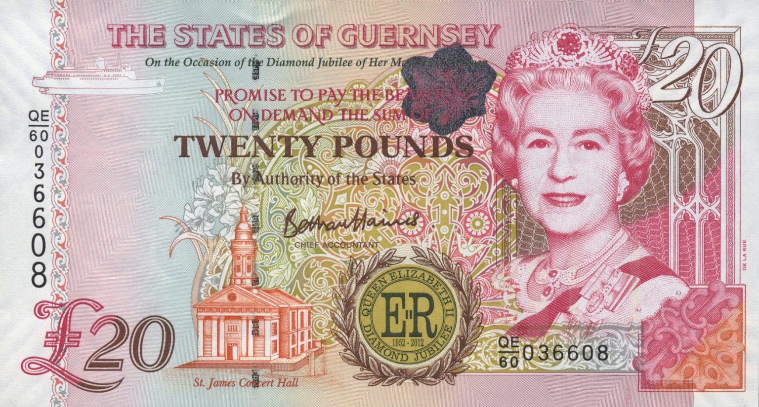 Guernsey new 20-pound Diamond Jubilee commemorative note (B167a ...