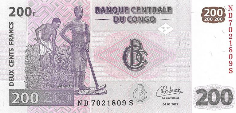 Congo Democratic Republic new sig/date (04.01.2022) 200-franc note ...