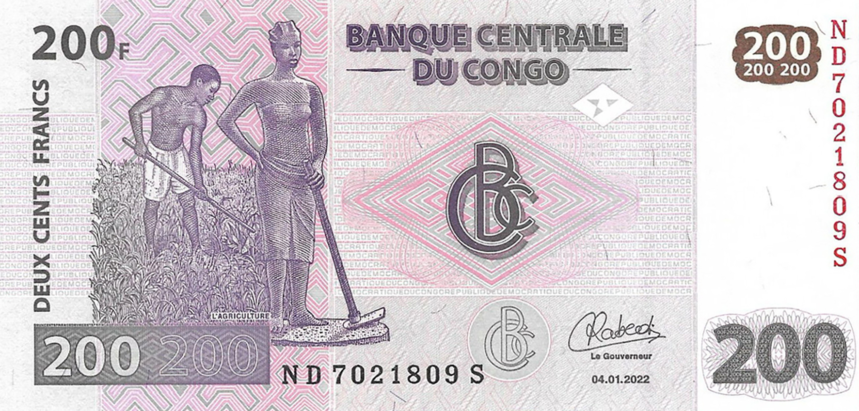 Congo Democratic Republic New Sig date 04 01 2022 200 franc Note Congo Democratic Republic New Sig date 04 01 2022 200 franc Note