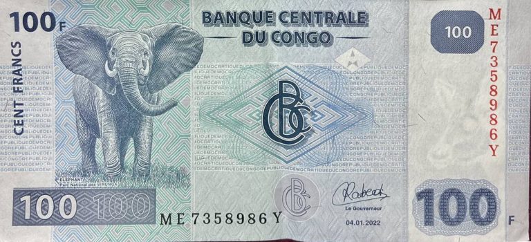 Congo Democratic Republic new printer (Oberthur) 100-franc note (B320f ...